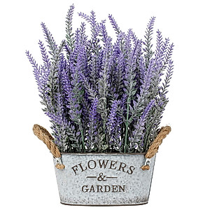 DILATATA Lavender Flowers Artificial Lavender Decor Fake Lavender Plant in Wooden Pot Faux Plants in Pots for Rustic Home Bathroom Table Centerpieces Wedding Decor Potted Lavender Flower Purple Decor