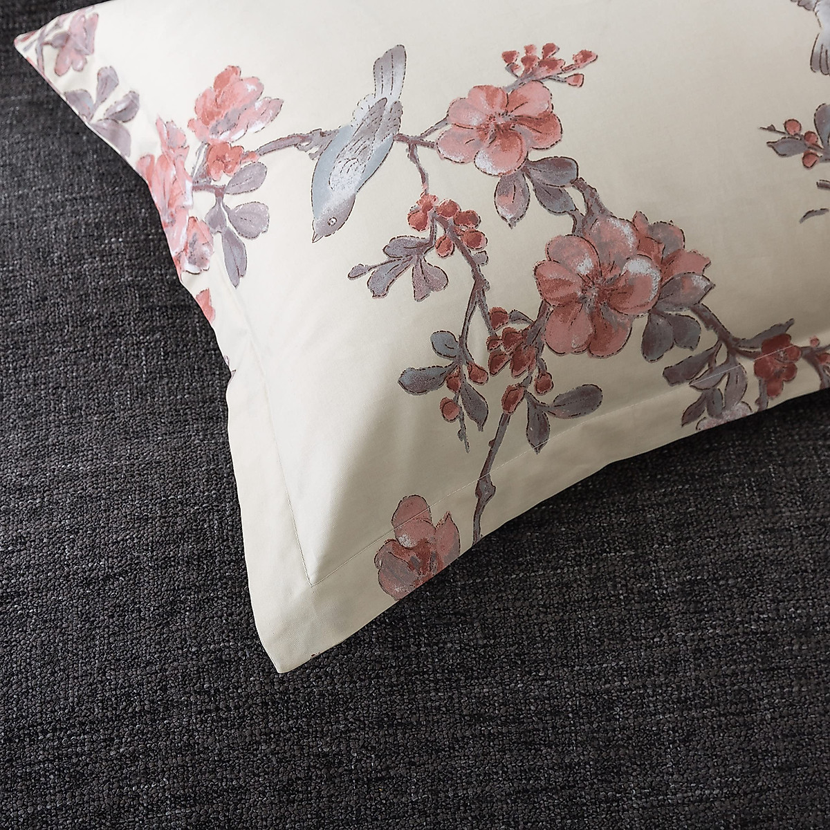 Eikei Garden Chinoiserie Floral Duvet Quilt Cover Asian Porcelain Style Tree Blossom and Birds Blue and White Watercolor Pattern 300tc Cotton Percale Bedding Set (Twin, Cream Red)