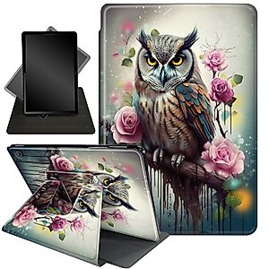for Fire HD 10 Tablet Case 11th Generation 2021 and Amazon Fire HD10 Plus Case 10.1", 360 Degree Rotating Stand Smart Protective Case,for Fire HD 10 2021 Tablet,Cute Owl Roses Flower