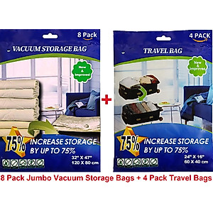 YAWPED 12 Pack Combo Premium Jumbo Extra Large Vacuum Storage Space Saver Bags X8 (47X32 Inch) with Travel Bag X4 (60X40cm)