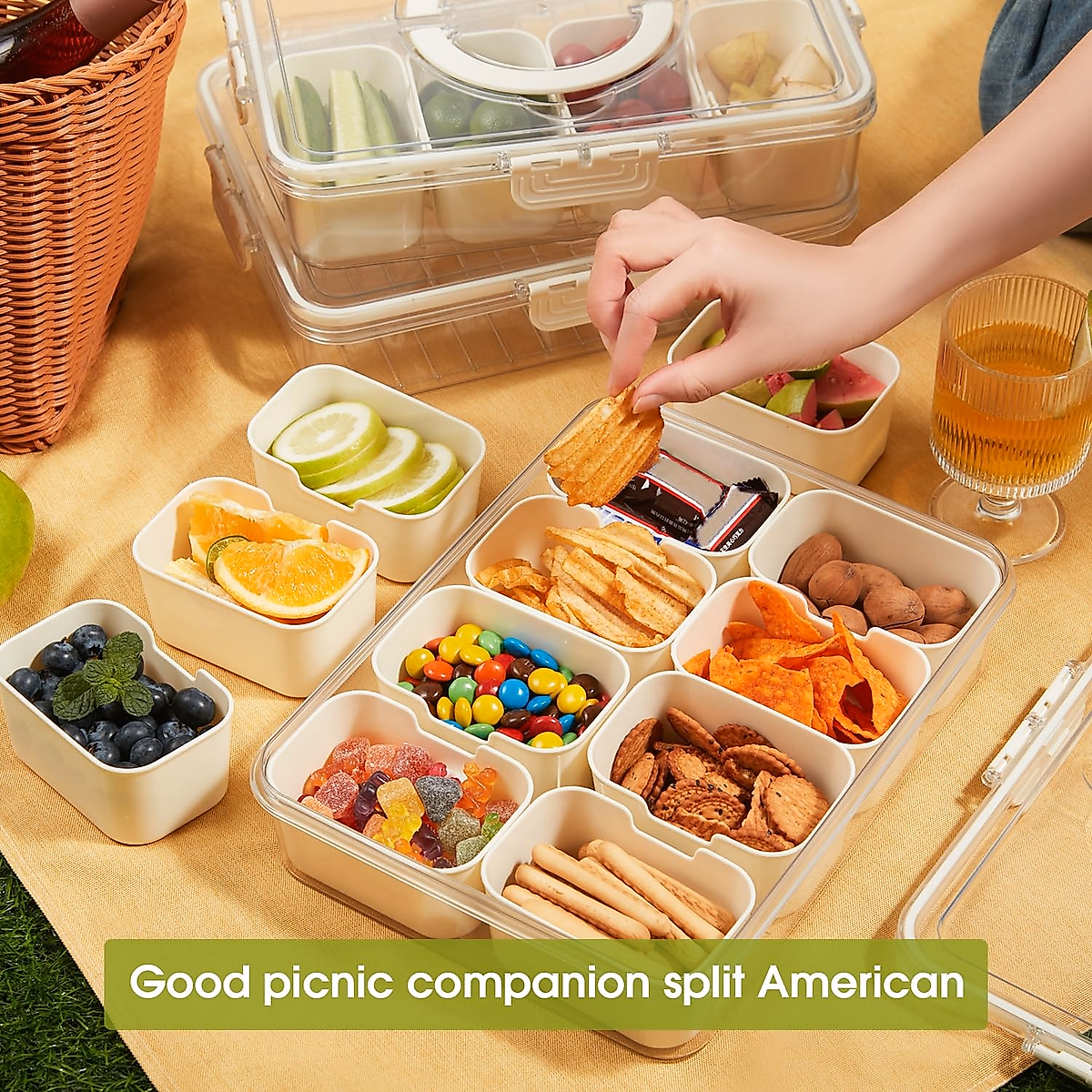 KATOCHUG Snackle Box Container Divided Serving Platters with Lid and Handle Divided Snackle Box for Portable Snack Box Container Tray Perfect for Candy Fruit and Treats