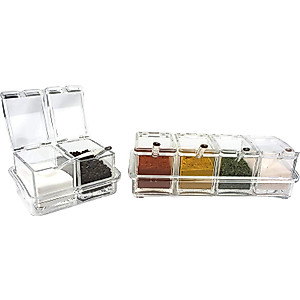 Six Compartment Condiment & Spice Box Serving Set with Spoons - 2 & 4 Section Seasoning Storage Container Rack Combo Set with Removable Cruet Jars (5.75 oz capacity each) | by ImpiriLux