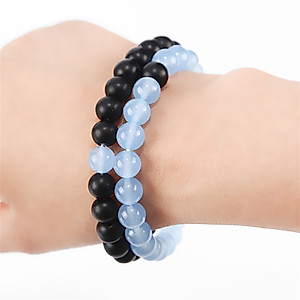EIGHTEX Black Matte Agate & Turquoise His and Hers Bracelets 8mm Sandstone Couple Bracelet Distance Bracelets (Sky blue 2PCS/Set)