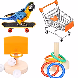 TangXSTAR 4 Pieces Bird Intelligence Toy Set Include Shopping Cart Basketball Stacking Ring Toy Skateboard Parrot Intelligence Bird Training Toy
