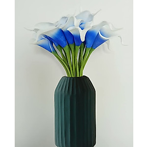 Etycoo 20pcs Calla Lily Lataex Real Touch Flower Bouquet for Wedding Garden Dining Table Center Home Party Photography Decor (White Blue Core)