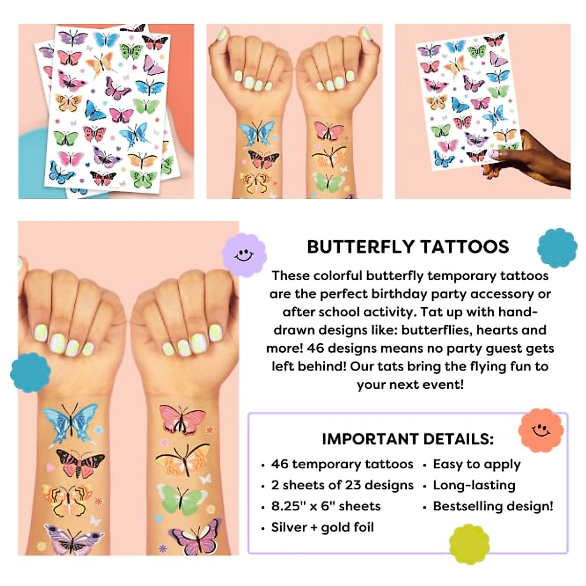 xo, Fetti Butterfly Temporary Tattoos - 46 Glitter Styles | Rainbow Fairy Birthday Party Supplies, Monarchs, Hearts, Flowers, Garden Arts and Crafts