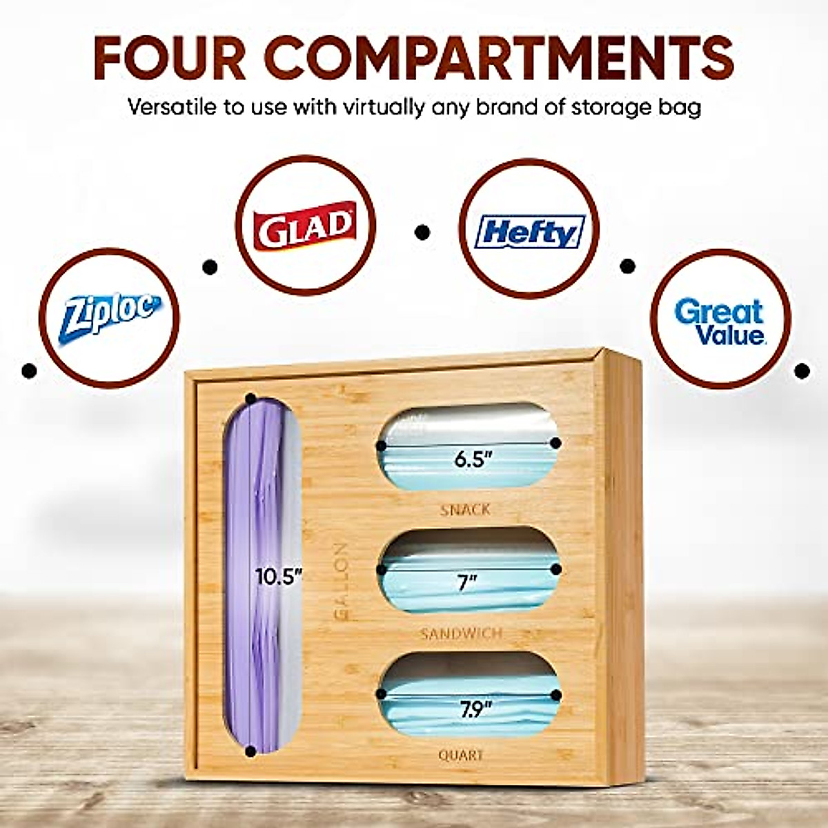 HidzBasics Ziplock Bag Organizer – Bamboo Ziplock Bag Storage Organizer for Gallon, Quart, Sandwich, and Snack Size Food Bags – Baggie Organizer for Kitchen Drawer and Pantry – Wooden Slider Lid