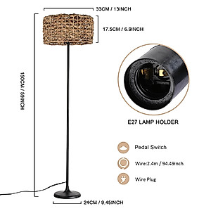 Zompoo Bamboo Rattan Floor Lamp for Living Room, Boho Hand-Worked Woven Cylinder Lampshade Standing Lamp with Foot Switch, Industrial Black Tall Floor Light Decoration for Bedroom, Farmhouse