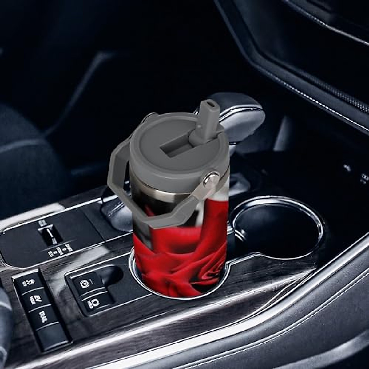 30oz Stainless Steel Insulated Tumbler with Flip Lid & Straw, Leakproof Travel Mug for Car, Black White And Red Roses Double Wall Vacuum Thermal Coffee Cup with Handle, Spill-Proof Design for Hot/Cold