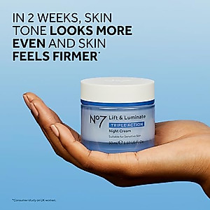 No7 Lift & Luminate Triple Action Night Cream - Anti-Wrinkle, Collagen Peptide Moisturizer with Skin Firming Hyaluronic Acid & Hibiscus - Helps Even Skin Tone for a Radiant Complexion (1.7 Fl Oz)