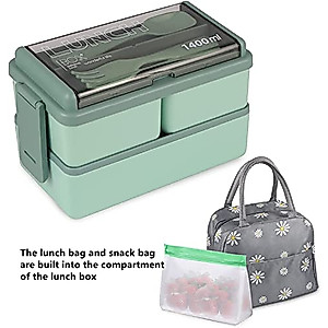 NatraProw Stackable Bento Box Kit, 47.35OZ Bento Box Adult Lunch Box, 3 Compartments Bento Lunch Box with Lunch Bag and Utensils, Meal Prep Containers for Adults, BPA Free Microwave Bento Box (Green)