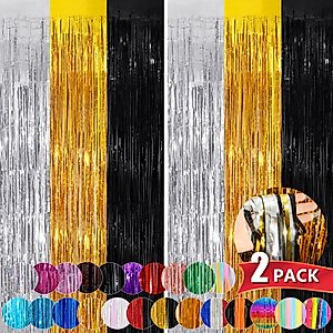 Black Gold Silver Metallic Tinsel Foil Fringe Curtains, 2 Pack 3.3x8.3 Feet Streamer Backdrop Curtains for Birthday Party Decorations, Halloween Decor, Foil Curtain Backdrop for Bachelorette Party