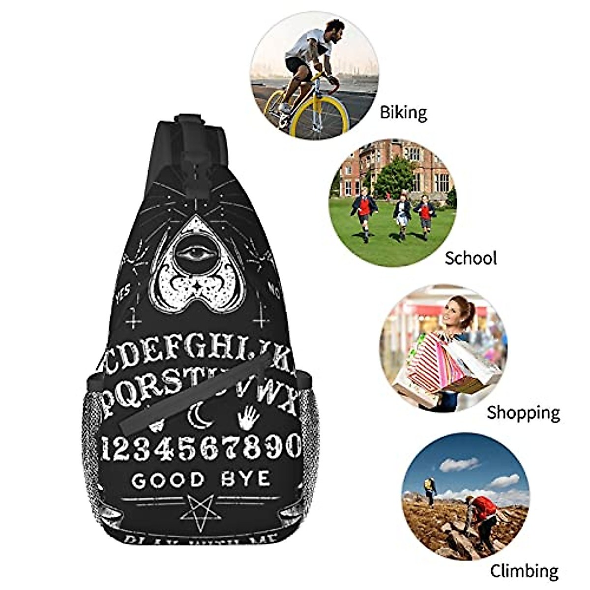 Men's Casual Crossbody Bags Vintage Skeleton Magic Ouija Board Black Backpack for Cycling and Travel, Fashion Sling Shoulder Backpack with Zipper Pocket for Hiking Outdoor Activities