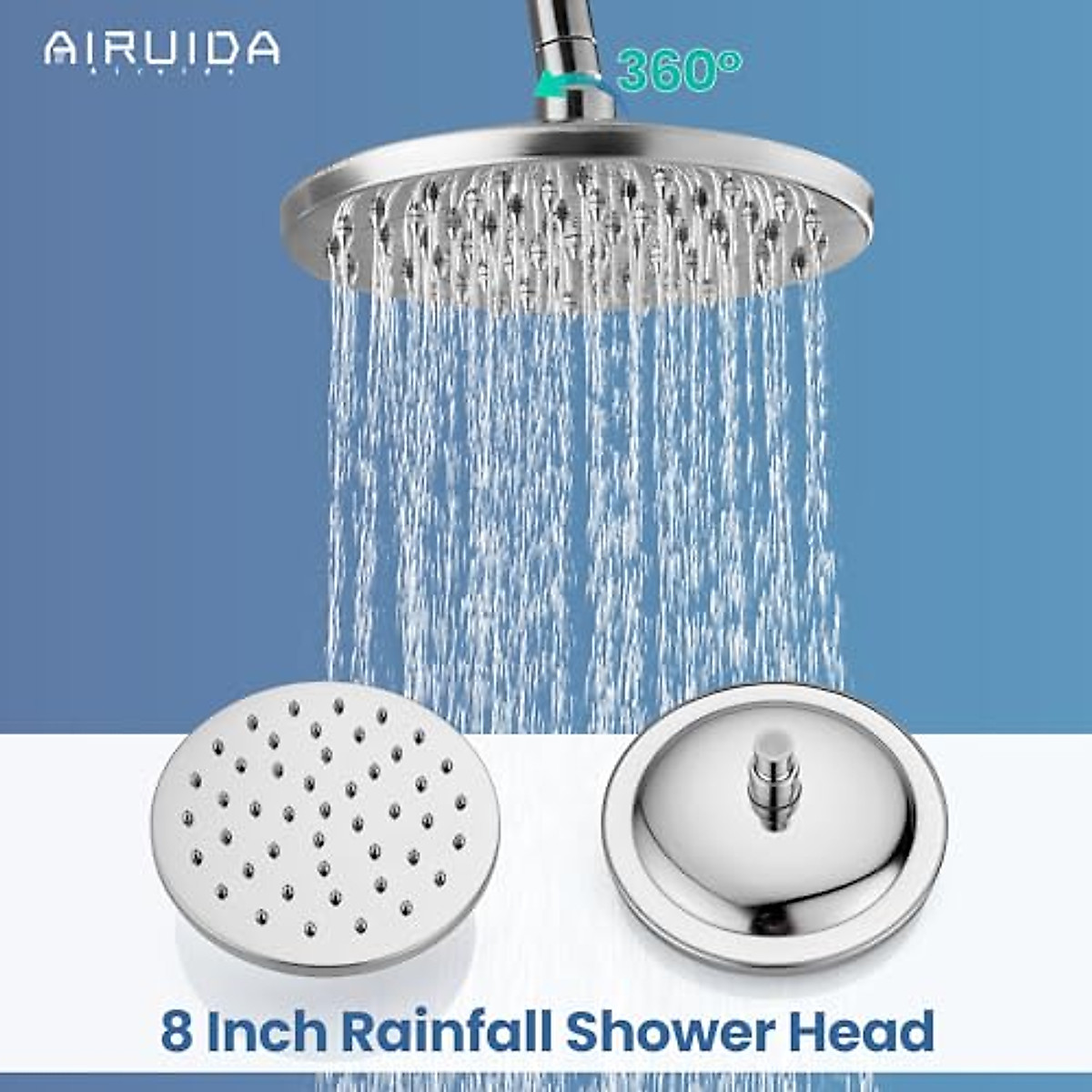 Airuida Shower Fixture, Brass Exposed Pipe Shower System, Chrome Polish 8 Inch Rainfall Shower Head Single handle with Dual Functions Shower Faucet Combo Unit Set