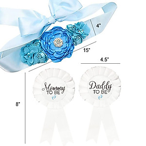 GDTO8820 CoolerthingsDG, 3pcs 2 badges and a belt Blue, Baby Blue Maternity Sash & Daddy to Be Corsage Set - Baby Shower Sash Baby Boy Pregnancy Sash Keepsake Baby Shower Flower Belly Belt