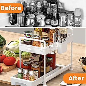 Vantency 2 Pack Under Sink Organizer, 2 Tier Sliding Under Kitchen Cabinet Storage Drawer with Hooks, Hanging Cup, Dividers, Handles and Anti-Slip Foot Mats (2PC-White)