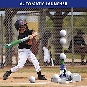 QDRAGON 2 in 1 T Ball Sets for Kids 3-5 5-8, Tee Ball Set with Automatic Pitching Machine/Adjustable Batting Bat & Stand/6 Balls, Baseball Toys Outdoor Sport for Toddlers Boys, Blue
