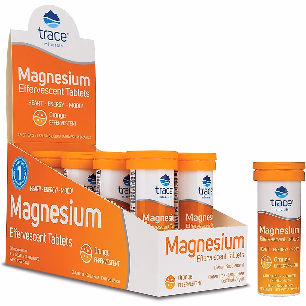 Trace Minerals Magnesium Effervescent - Bone & Circulatory Health Support Supplement - Magnesium Supplement to Aid Cardiovascular Health & Positive Outlook - Orange, 8 Containers (80 Servings)