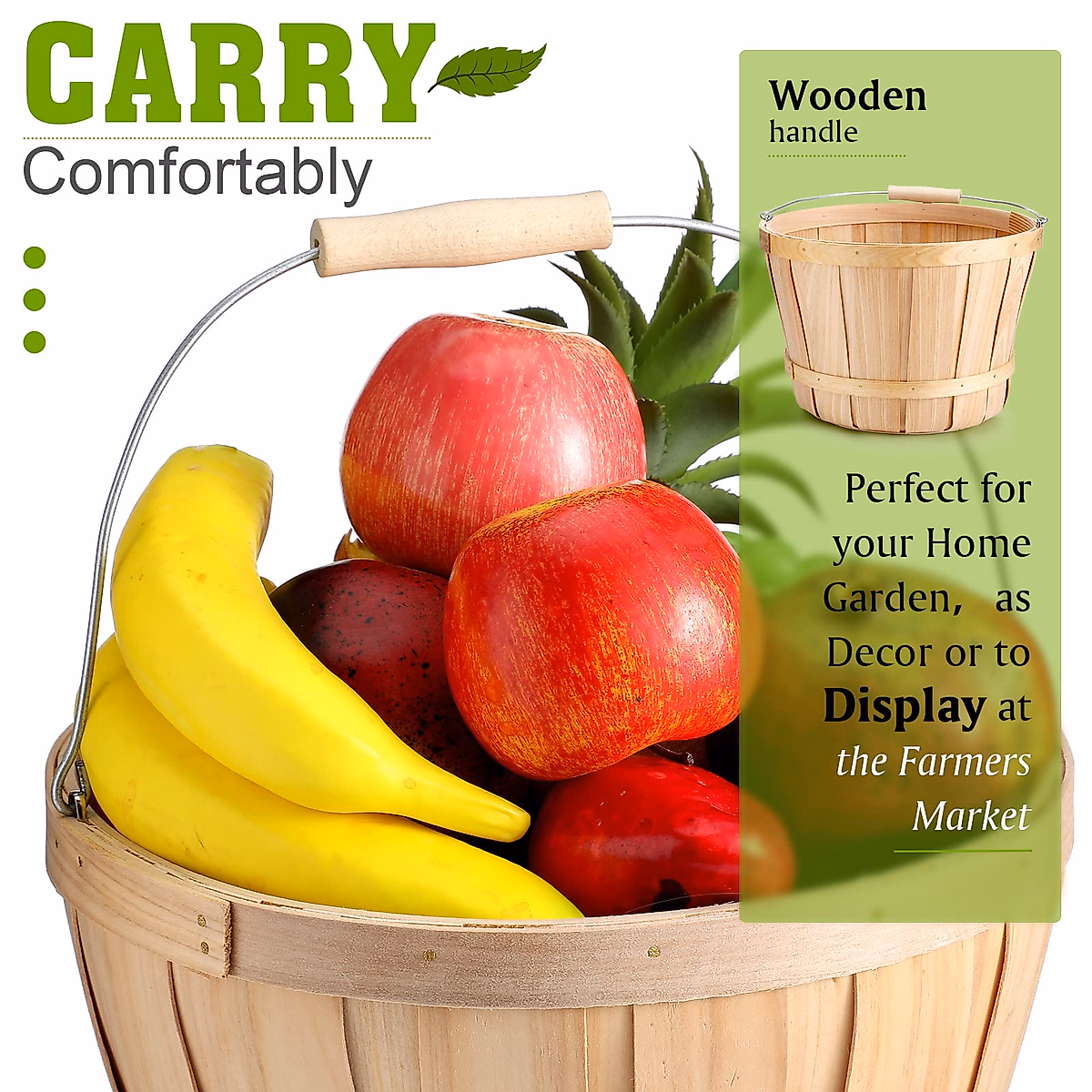 6 Pack 11 x 6.7'' Large Round Wooden Baskets with Handles, Handmade Wood Basket, Bushel Baskets, Farmers Market Baskets, Apple Baskets, Wooden Baskets for Indoors Outside Personal or Commercial Use