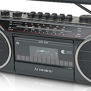 AudioBox RXC-25BT Retrobox 2 Way Speaker System Boombox w/Bluetooth Connectivity, AM/FM/SW Radio, USB and SD Card Connection, & Cassette Player, Black