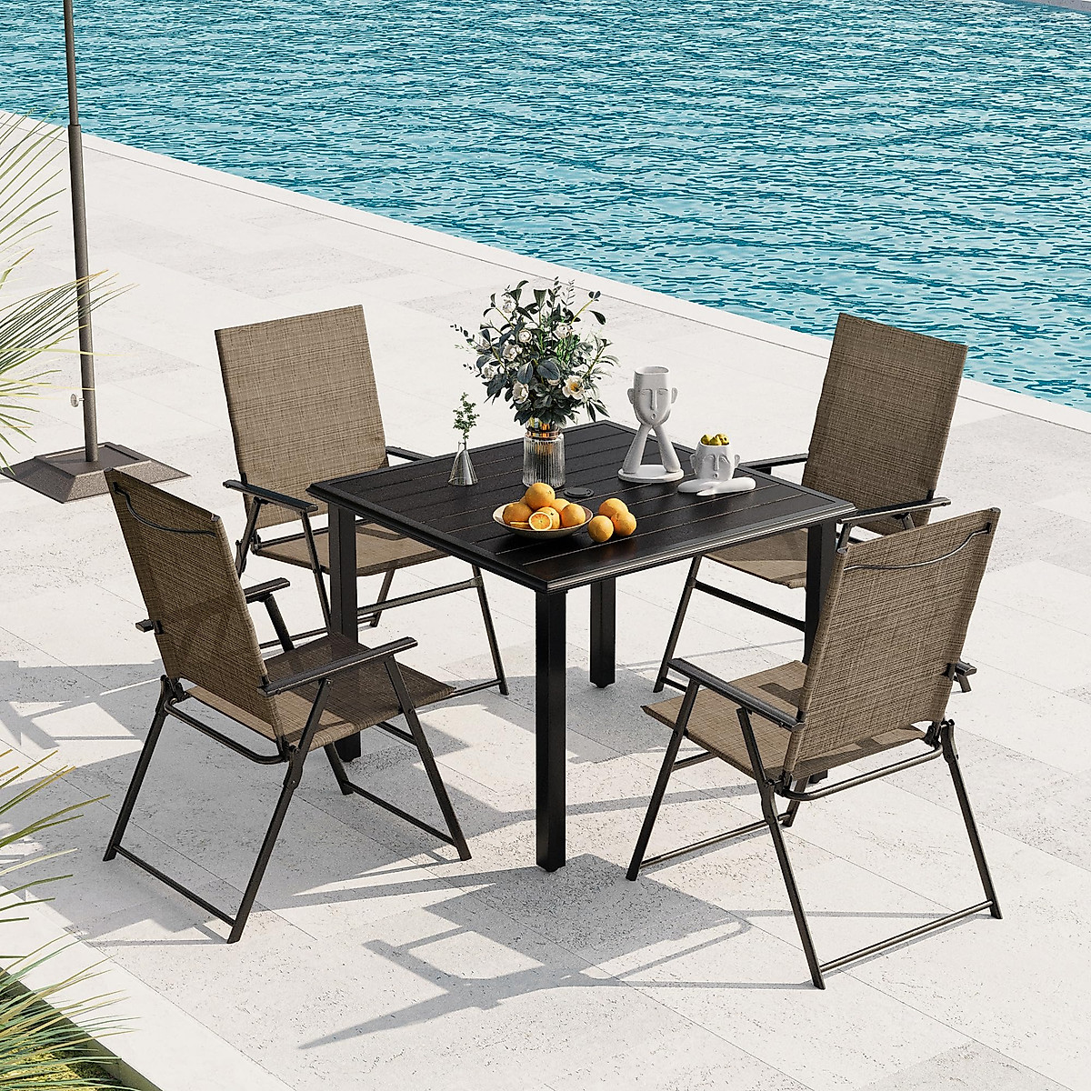 VICLLAX Patio Folding Chairs Set of 4, Outdoor Portable Sling Lawn Chairs for Camping Garden Pool Beach Yard, Brown