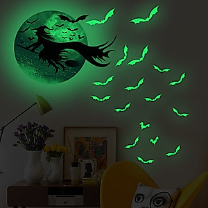 Halloween Decoration Sticker Glow in The Dark Bedroom Decals for Decoration Wall Sticker Visualization Luminous Stickers (Witch/Bats)