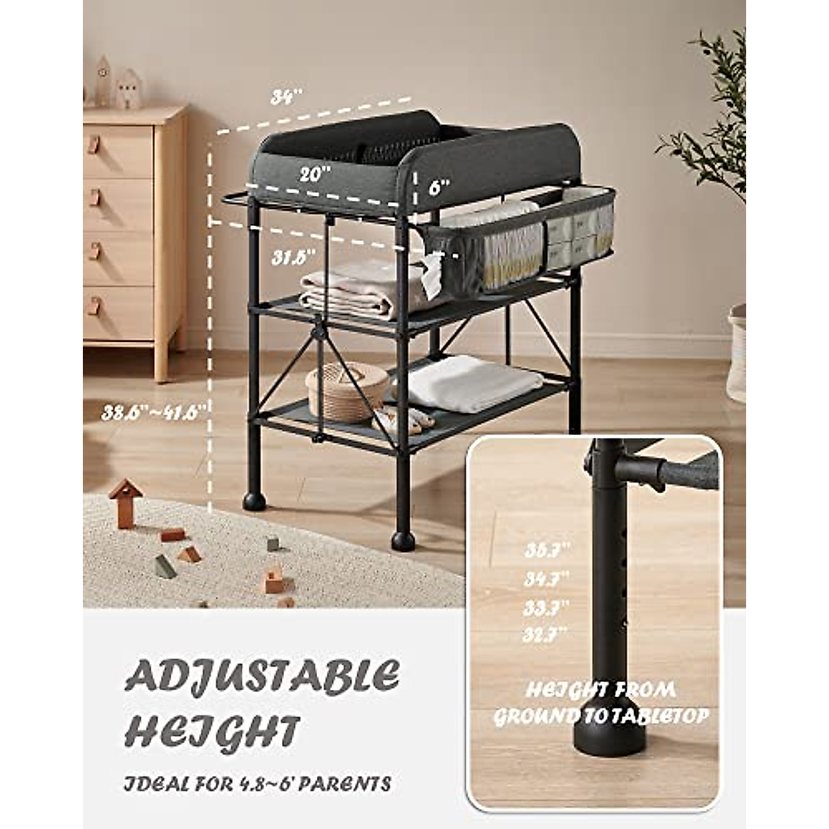 BEKA Portable Changing Table, Foldable Baby Changing Table, Changing Station for Infant w/Waterproof Diaper Changing Table Pad, Adjustable Height Diaper Station, Mobile Nursery Organizer for Newborn