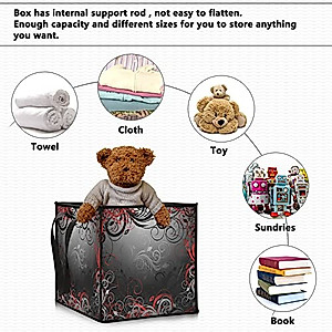 Blueangle Black Red Floral Cube Storage Bin with Handles, 10.6 x 10.6 x 10.6 in, Large Collapsible Organizer Storage Basket for Home Décor（158）