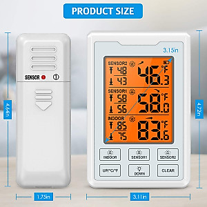 Refrigerator Thermometer, Wireless Digital Freezer Thermometer with 2 Sensors, Audible Alarm, Min and Max Record, Large LCD Display for Home, Restaurants, Bars (Battery not Included)