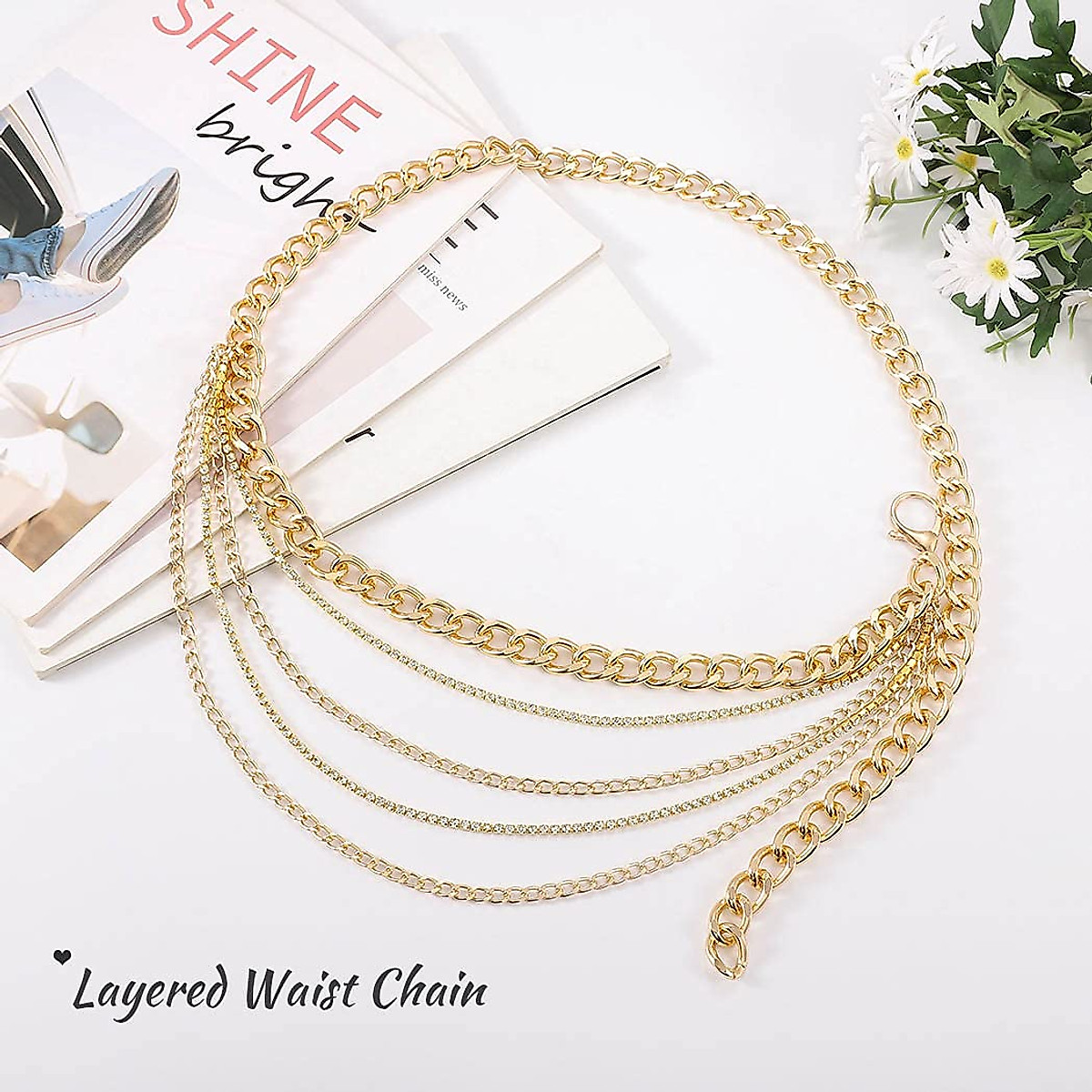 Dresbe Rhinestone Waist Belt Chain Gold Layered Body Chain Chunky Party Body Jewelry Accessories for Women