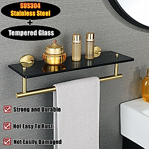 Alise Bathroom Shelves Glass Shelf with Bar,Wall Mount Floating Shelves for Bathroom,SUS304 Stainless Steel Tempered Glass Holder Storage Organizer,Gold and Black GDL400BAR-GB