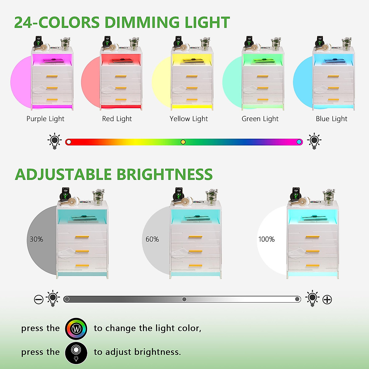 HNEBC RGB LED Nightstand with Wireless Charging Station, Smart Night Stand with 3 Drawers and Sliding Tray, Modern Bedside Table for Bedroom Furniture, High Gloss End Sofa Tables (White)