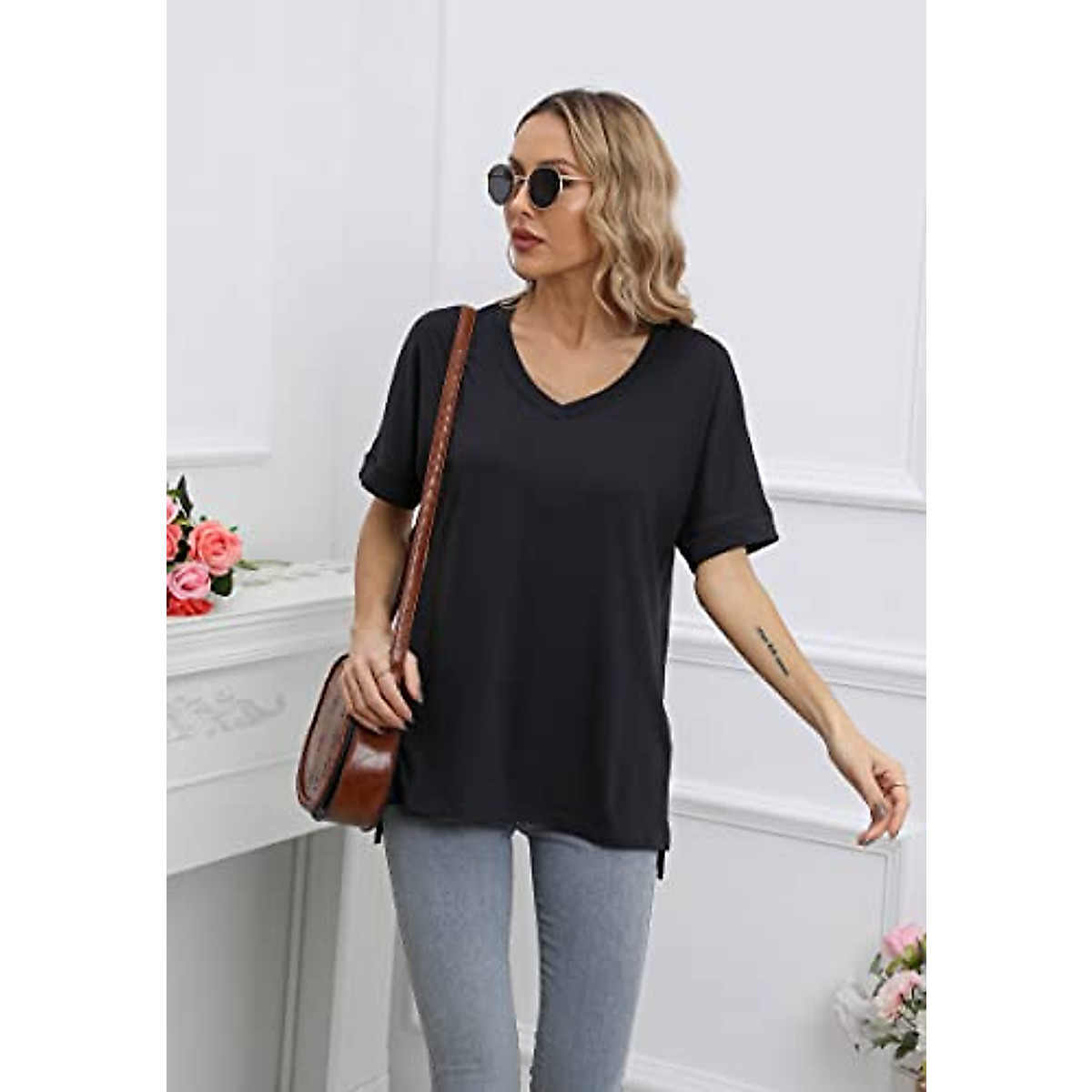 IRISGOD Womens V Neck Oversized T Shirts Loose Fit Short Cuffed Sleeves Tee Tops Black