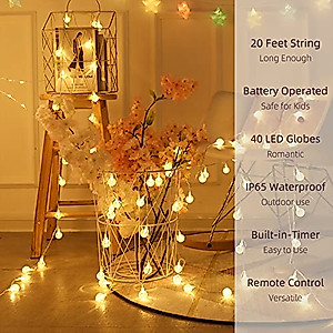 Globe String Lights Battery Operated Outdoor Lights with Remote Timer 20FT 40 LED Fairy Lights Indoor Outdoor Waterproof Hanging Lights for Patio Gazebo Balcony Garden Bedroom Christmas Décor Yummuely