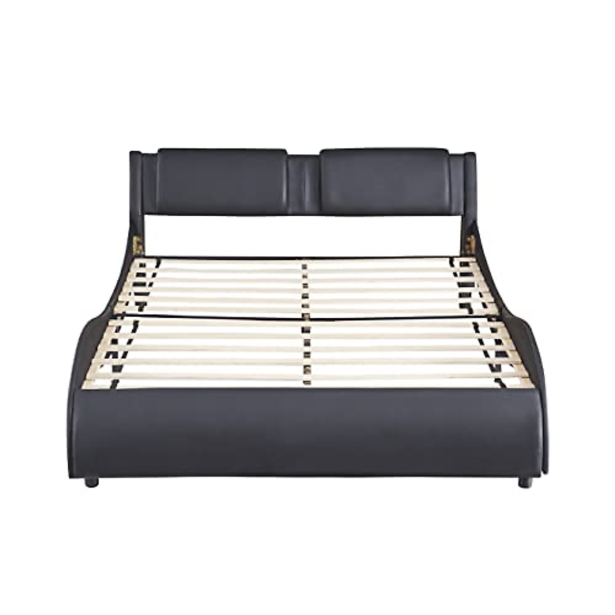 Lostcat Full Modern Upholstered Faux Leather Platform Bed with LED Light Bed Frame,Strong Wood Slats Support,Wave Like Curve Low Profile Bed Frame for Boys/Girls/Adult Bedroom,Easy Assembly,Black