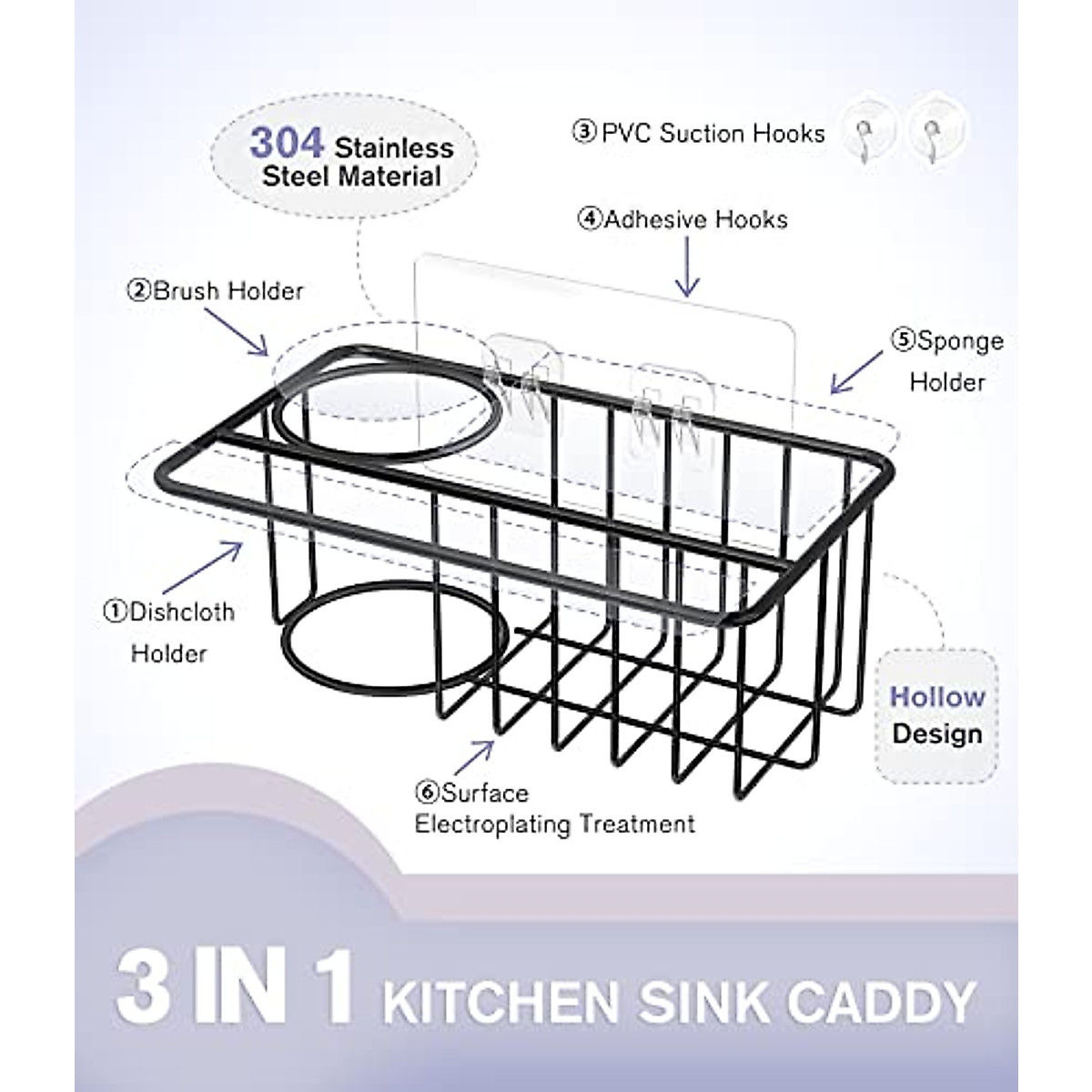 VIS'V 3 in 1 Sink Caddy Sponge Holder, 304 Stainless Steel Adhesive Kitchen Sink Basket Sponge Holder Brush Holder Dishcloth Hanger Kitchen Sink Accessories Organizer Rack with 2 Suction Cups - Black