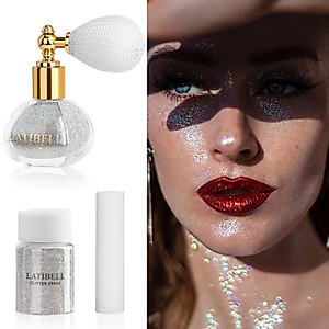 LATIBELL Body Glitter Spray, Glitter Spray for Hair and Body Face Clothes Nails, Body Shimmer Spray Make up for Festival Rave Accessories- with 0.35 oz Replacement & 0.176 oz Priming Cream (Silver)
