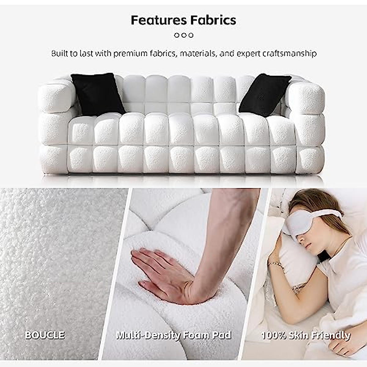 Melpomene Modern Boucle Sofa Couch, Cloud Sofa Upholstered 3 Seater Sofa with 2 Pillows and Wood Legs,Tufted Sofa for Bedroom, Office, Apartment(White)