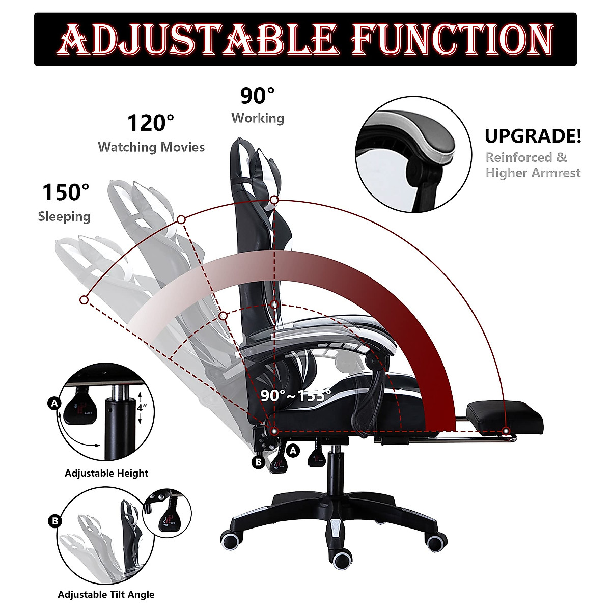 anjsindra Gaming Chair with Footrest Ergonomic Video Game Chairs Adjustable Headrest Lumbar Support High Back PU Leather Racing Style Office Computer Chair for Adults (Black+White)