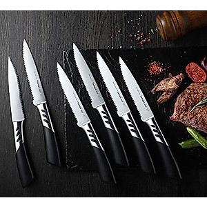 TRENDS Premium Steak Knives Set of 6. Double Forged Premium Stainless Steel. 5 Inch Blades. Serrated Steak Knives Set. Ultra-Sharp and Never Require Sharpening. Your Ultimate Steak Knife Set of 6.