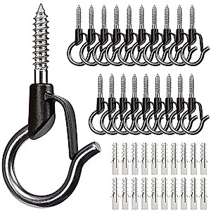 BeneLabel 20-Pack Screw in Hooks for Hanging Plants, String Lights & More - Black Wood Hooks with Safety Buckle Design - Rust Proof & Weather Proof - 40 lbs Capacity