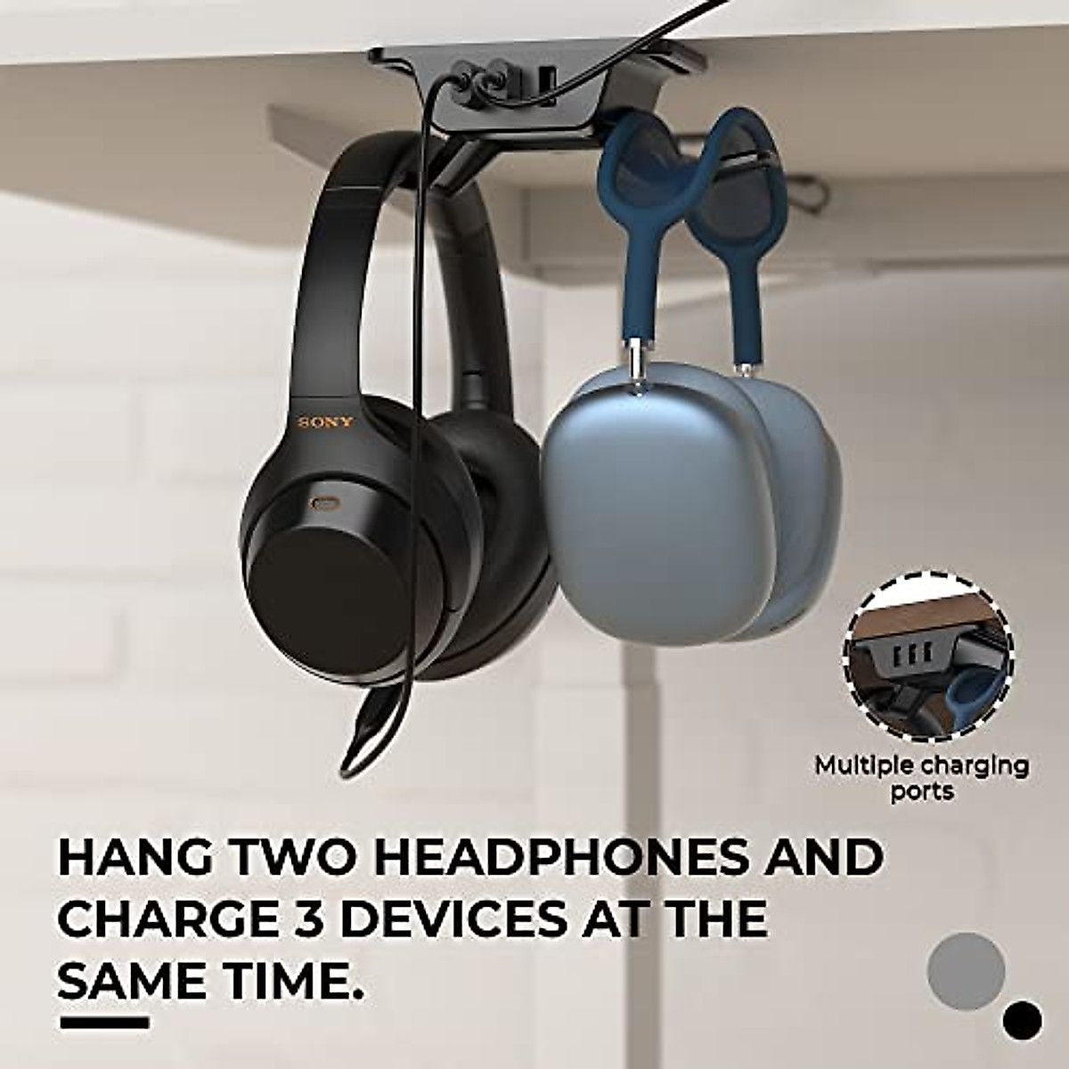 HumanCentric Hook and Charge Headphone Hanger with USB Charger, Under Desk Headphone Mount + Headphone Stand, Charge Accessories with 3 USB A Ports, Hook Headphones on Headset Holder Desk Hook, Black