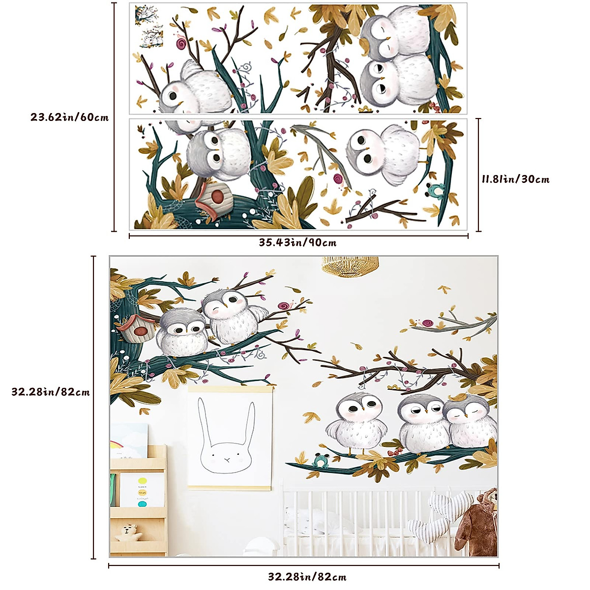 NOA Owls on Branches Cartoon Wall Sticker, Removable Waterproof Vinyl Animal Flowers Decal Decor, Lovely Art Mural for Nursery Bedroom Kids Room Home Decoration