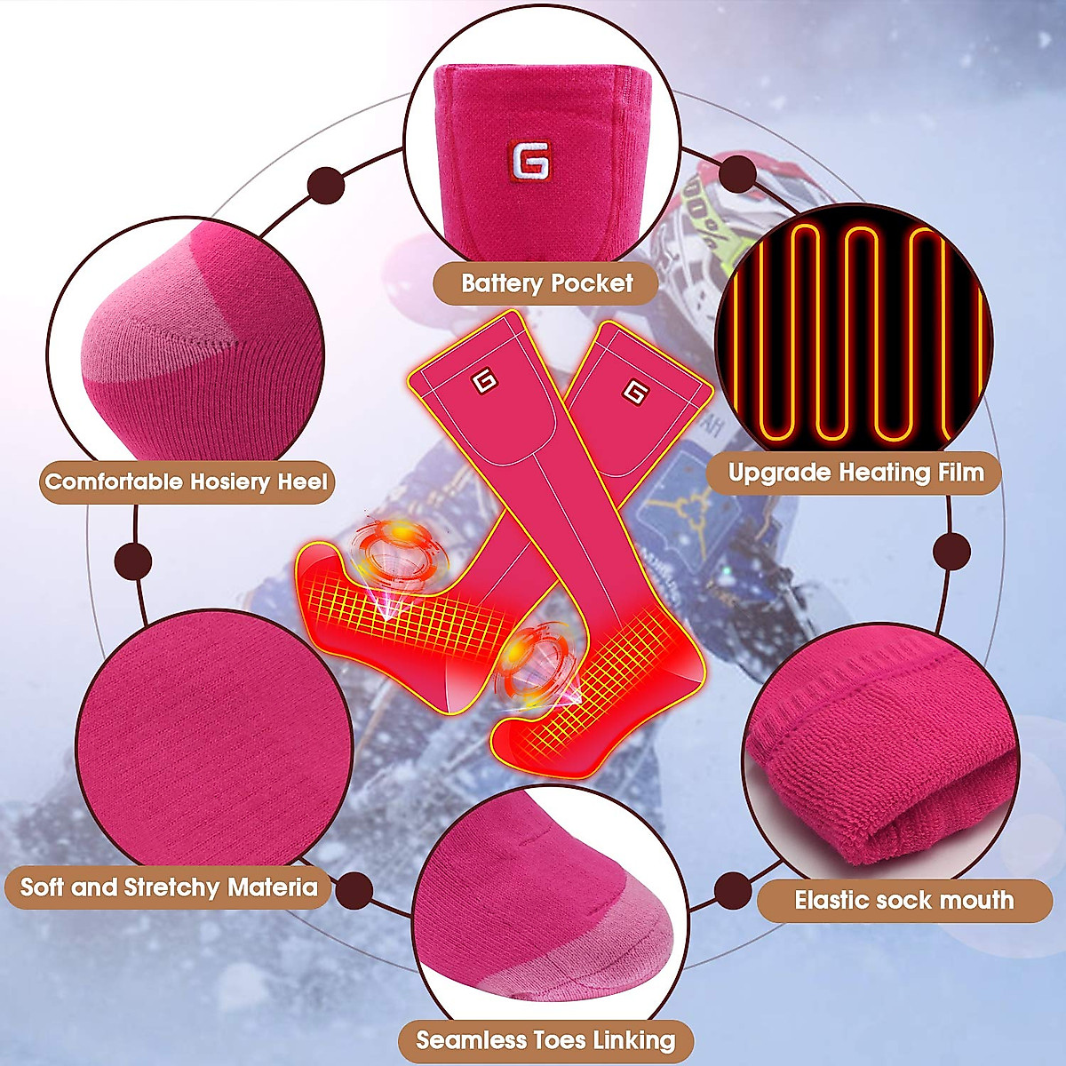 Autocastle Women Girls Battery Socks Rechargeable Electric Heated Socks,Battery Powered Heat Insulated Socks Kit Winter Warm Thermal Heating Socks,Cold Weather Battery Sock Ski Hunt Foot Warmer,Pink