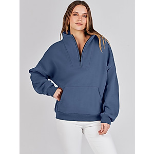 ANRABESS Womens Half Zip Sweatshirts Oversized Crop Pullover 2024 Winter Y2K Fleece Hoodie Sweater Teen Girls Fall Clothes Navy Blue Medium