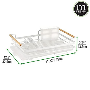 mDesign Modern Metal Kitchen Dish Drainer Drying Rack with Plastic Cutlery Tray, Drainboard, and Natural Wood Handles - Drip Drain Storage for Sink or Countertop - Matte White/Frost