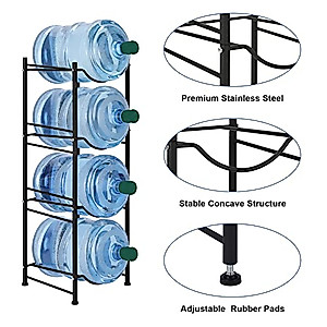 5 Gallon Water Bottle Jug Holder 4 Tier Heavy Duty Water Cooler Jug Storage Rack Detachable Gallon Water Jug Bottle Organizer Shelf for Home Kitchen Office Breakroom Space Save, Black
