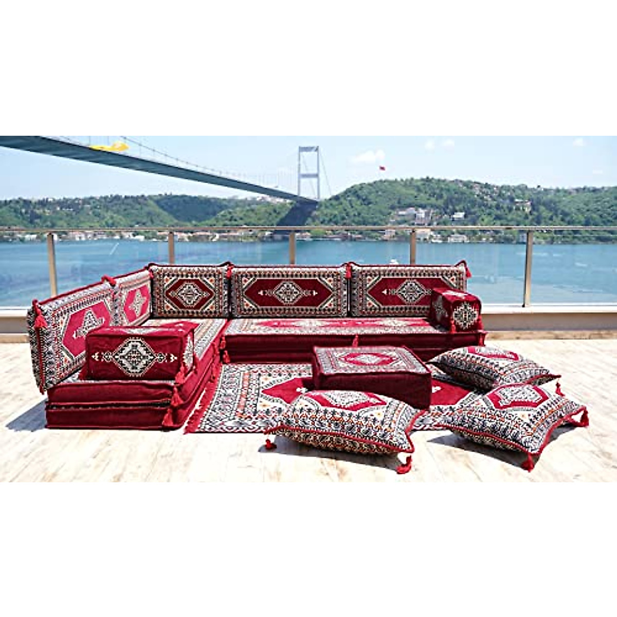 Maroon L Shaped Futon Sofa Bed, Corner Floor Couch, Sectional Sofas, Yoga Sofa Sets, Handmade Living Room Furniture, Sofa Covers (L Sofa + Rug + Poufs)