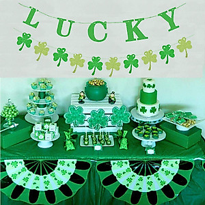 St. Patrick Day Banner Green Lucky Irish Glitter Shamrock Garland for Party Bar Home Hanging Decorations 25pcs with 29.5 ft Rope