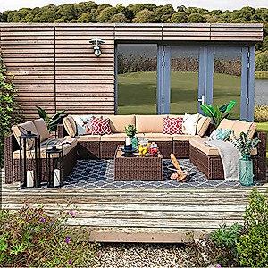 Patiorama 10 Piece Outdoor Patio Furniture Set, Patio Sectional Sofa Set, All-Weather Brown PE Wicker with Beige Cushions, Outdoor Backyard Porch Garden Poolside Balcony Furniture Sets